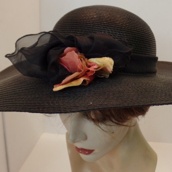 Arlin | Accessories | Arlin Black Floppy Sun Hat W Flower Black Organza ...
